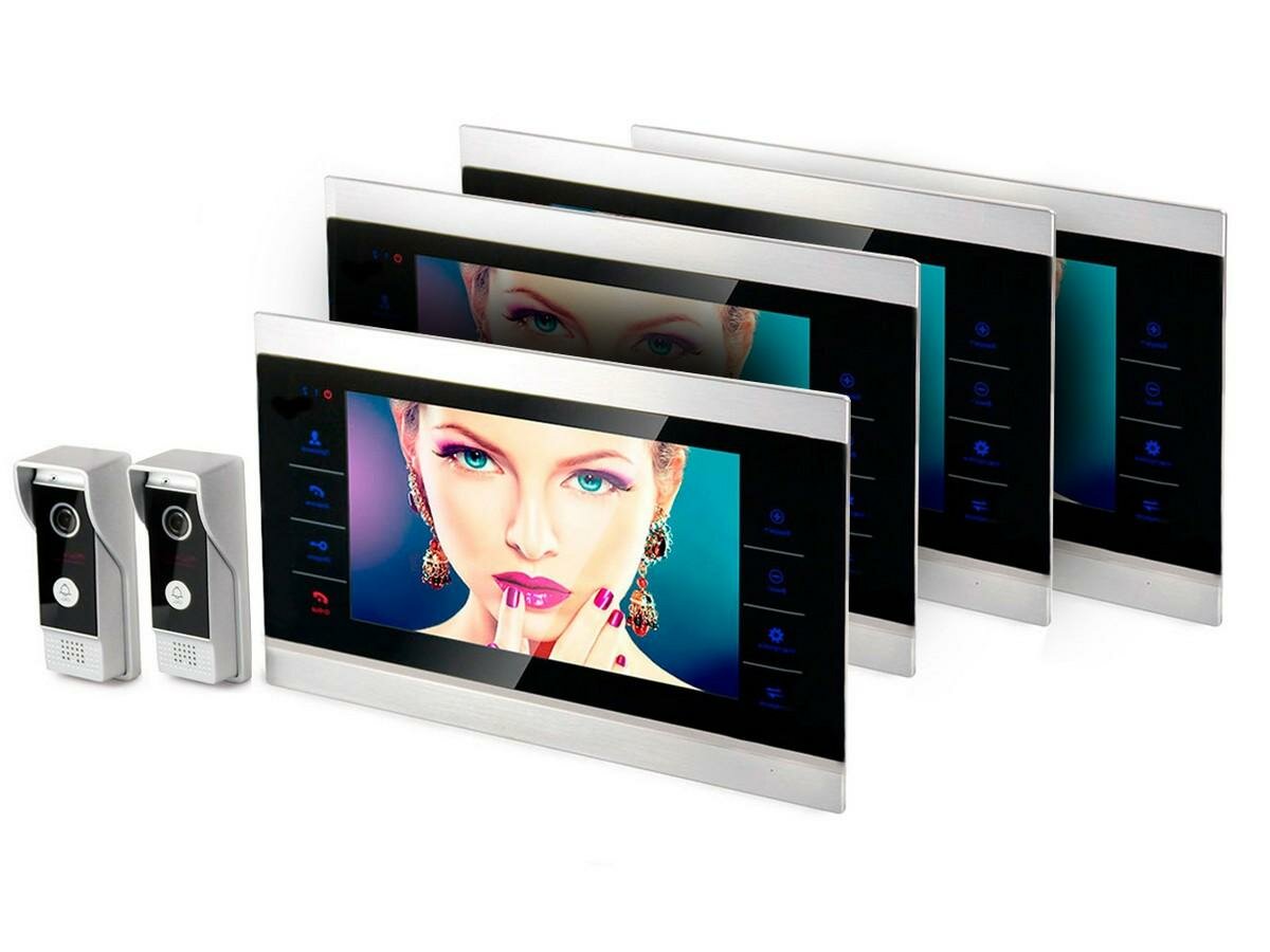 Набор: четыре видеомонитора HDcom S-104 и 2 вызывные антивандальные панели. Запись видео на SD карту по датчику подарочная упаковка