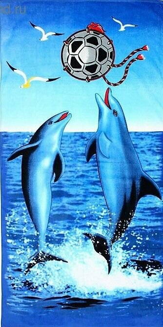 Полотенце пляжное, для бассейна, для ванны, для пляжа Два Дельфина и Мяч 70х140 см