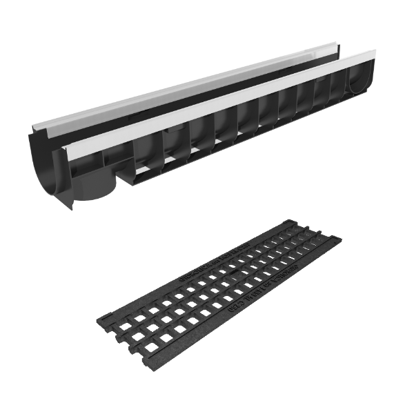 Лоток водоотводный усиленный Gidrolica DN100 H138 мм с чугунной ячеистой решеткой и крепежом класс С250