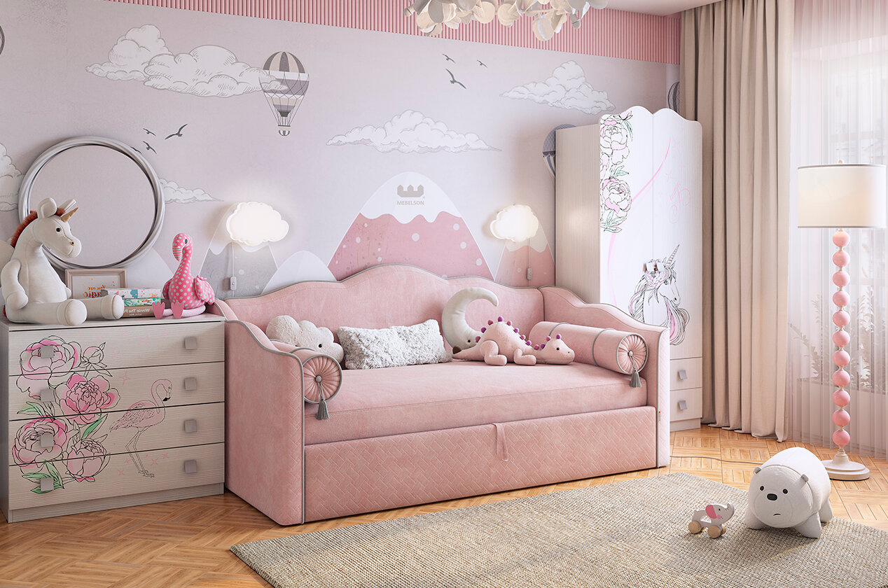 Кровать-софа "Лея К1" с матрасом и чехлом, велюр Нежно-розовый/галька, 90х200 см, MEBELSON