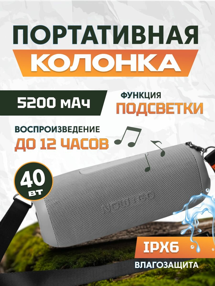 Портативная Bluetooth-колонка NowGo F8, 5200мАч, IPX6 защита от воды, мощность 40 Вт (2x20Вт), BT 5.3, MicroSD слот, AUX, TWS, до 12 часов работы (F8) Global, серая