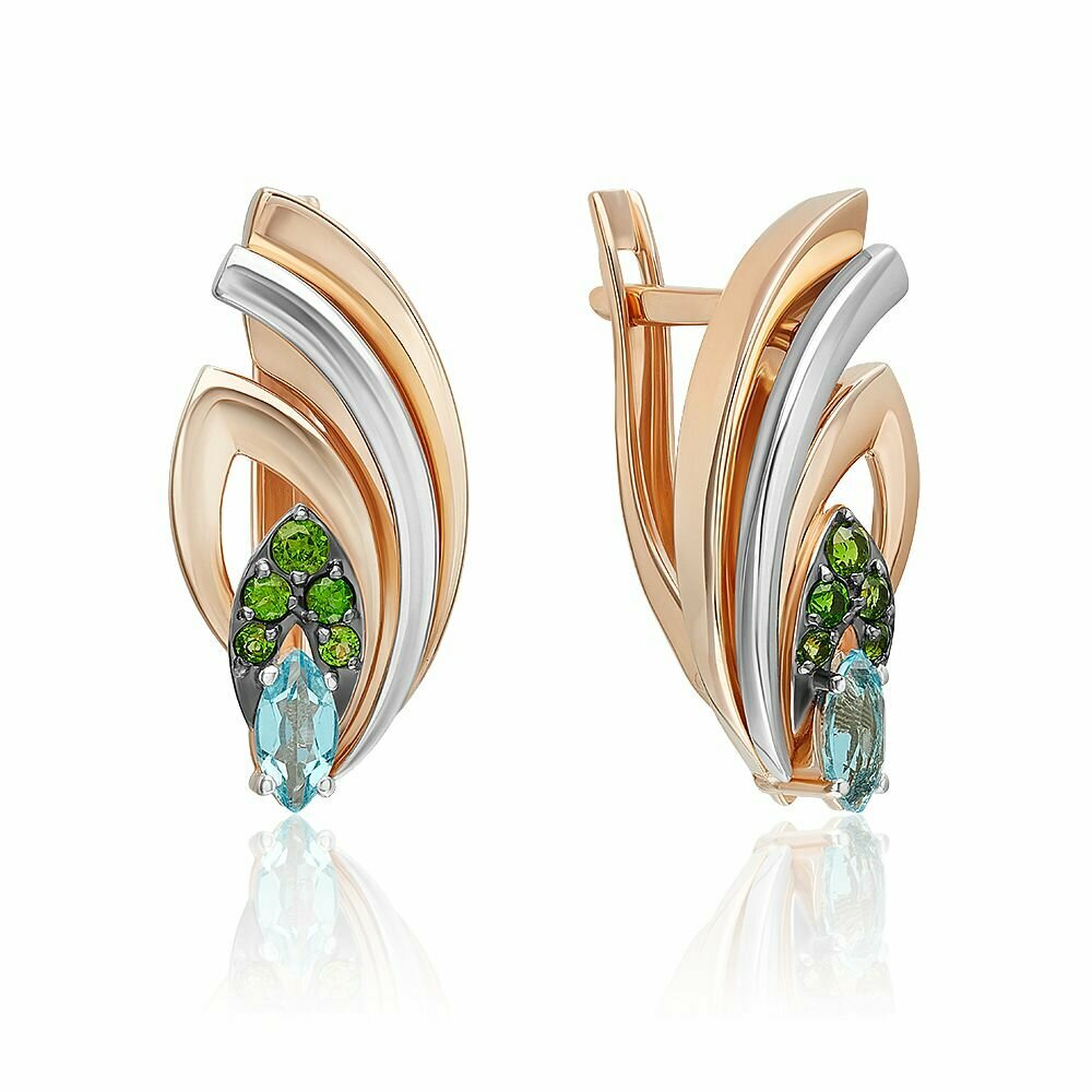 Серьги, комбинированное золото, 585 проба, родирование, топаз, хромдиопсид