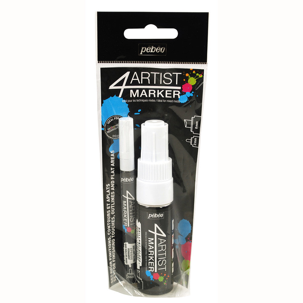 Набор художественных маркеров Pebeo 4Artist Marker, на масляной основе, 2 мм, 8 мм, 2 шт, перо круглое и скошенное, белый