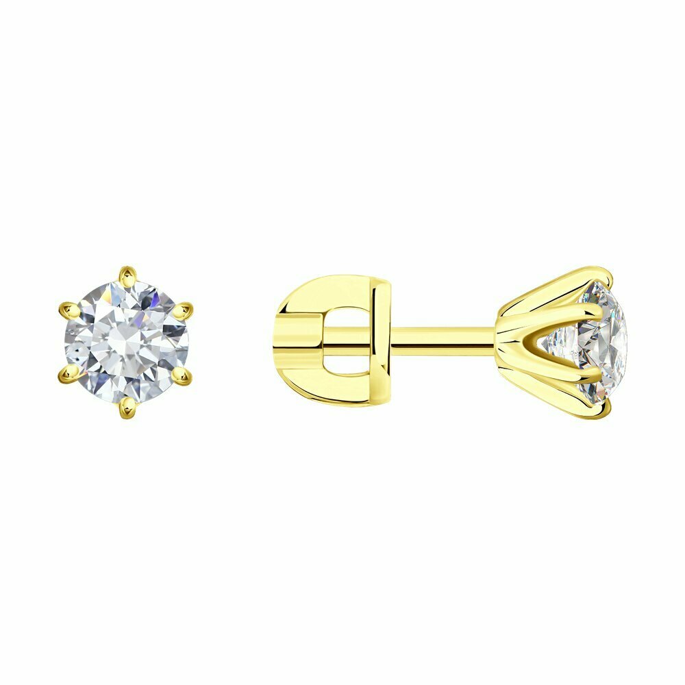 Серьги пусеты, желтое золото, 585 проба, бриллиант выращенный