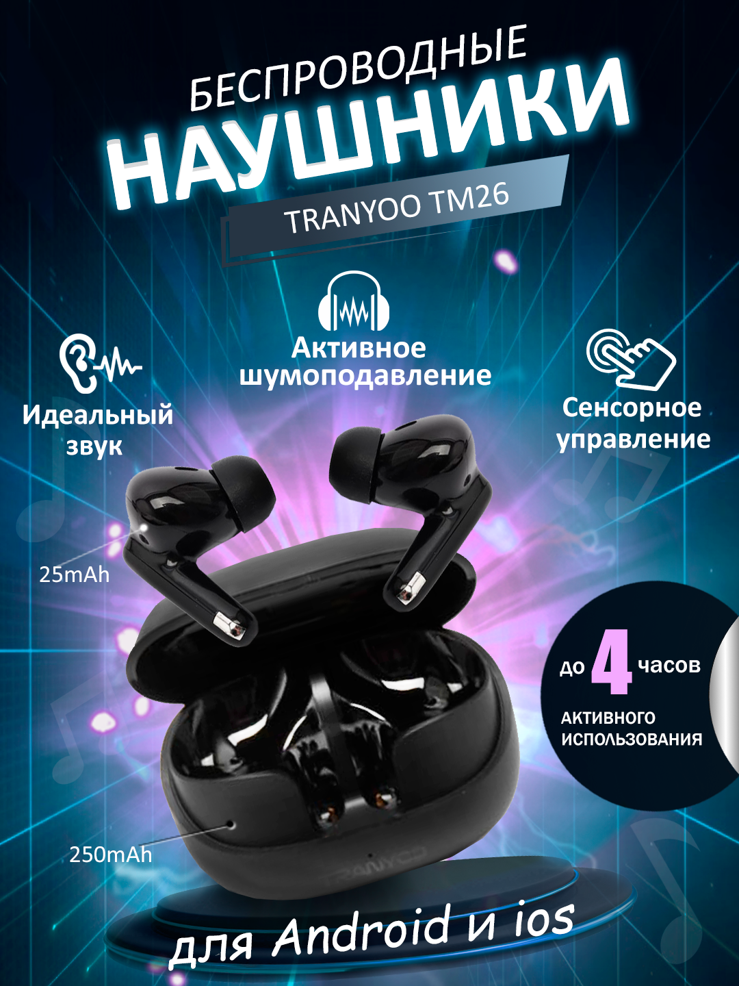 Беспроводные наушники Tranyoo TM26 Wireless Stereo Earphone TWS Черные