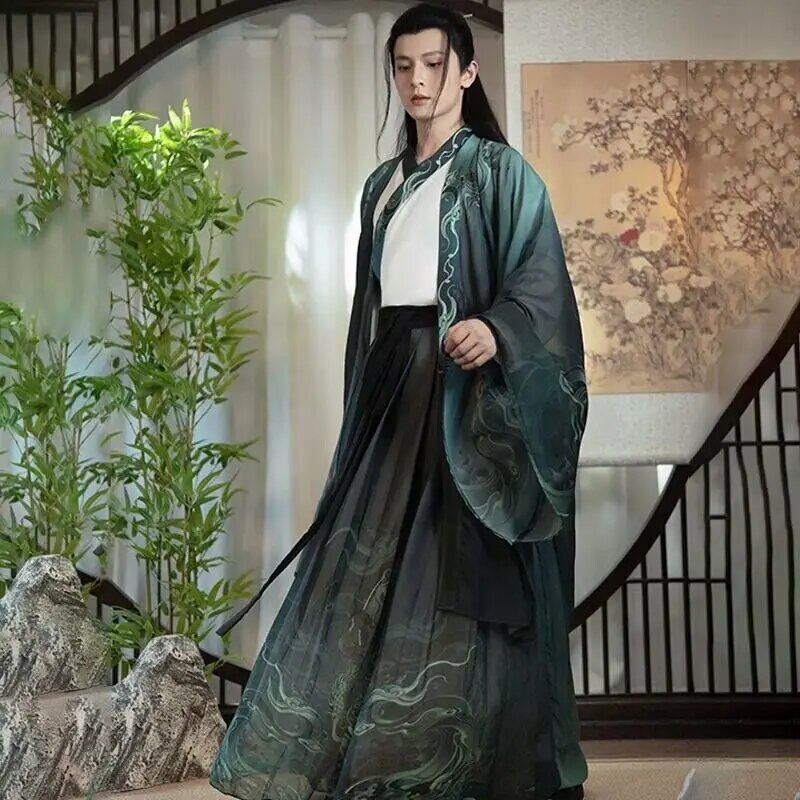 Комплект Ханьфу Hanfu мужской 3 предмета белый/зеленый XL, Green 3pcs set