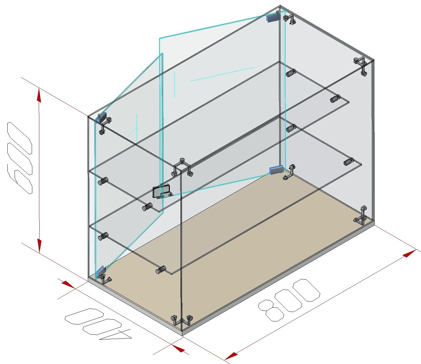 Настольная стеклянная витрина 80 х 40 х 60 см. 2 полки с дверьми