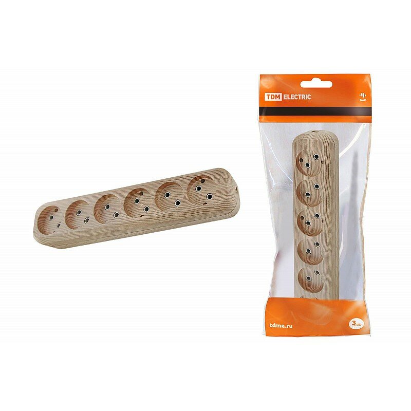 Колодка розеточная 6 гнезд 2П б/з 10А 250В Эко (сосна) TDM, цена за 1 шт