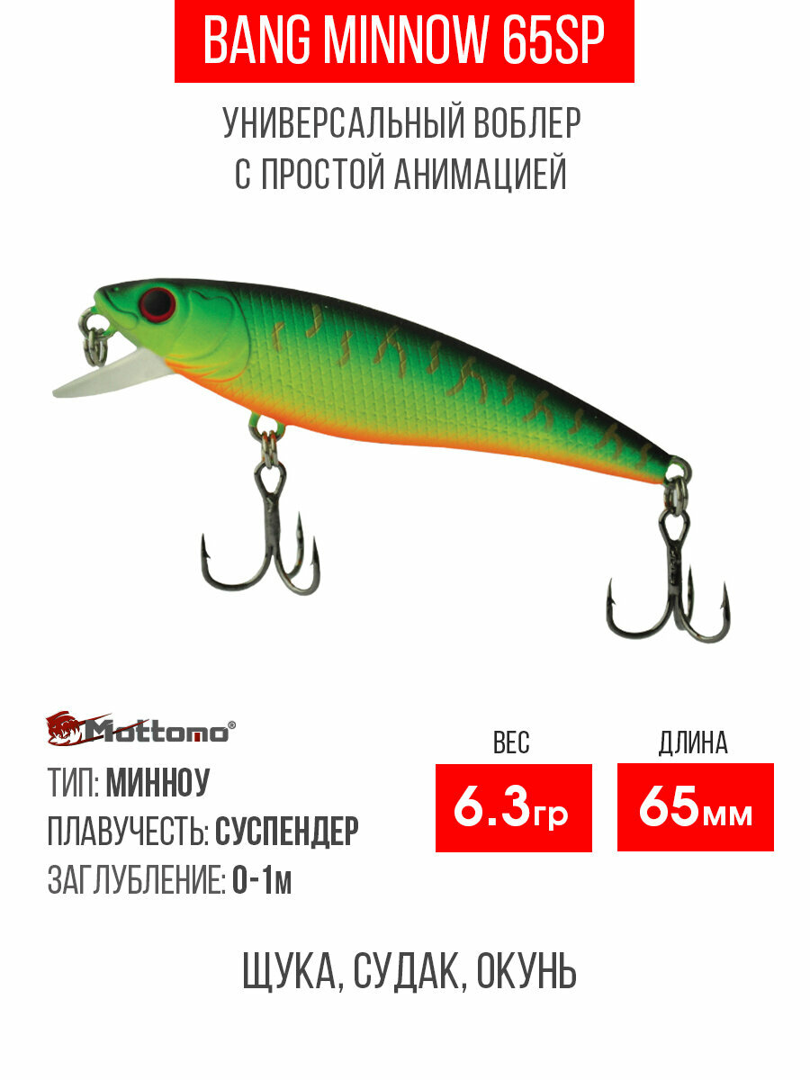 Воблер для рыбалки Mottomo Bang Minnow 65SP 6,3g Ghost Tiger минноу суспендер для спиннинга, твичинга. Приманка на щуку