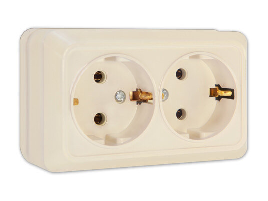 Розетка силовая штепсельная UNIVersal / Юниверсал Олимп 16А 220В ОП бежевая, 2-местная с заземляющими контактами, Б-О0128 / электрооборудование