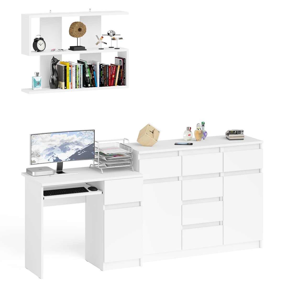 Тумба-комод Мори МК1200.4 с компьютерным столом правый и полкой, цвет белый, 210,4х50х209,6 см.