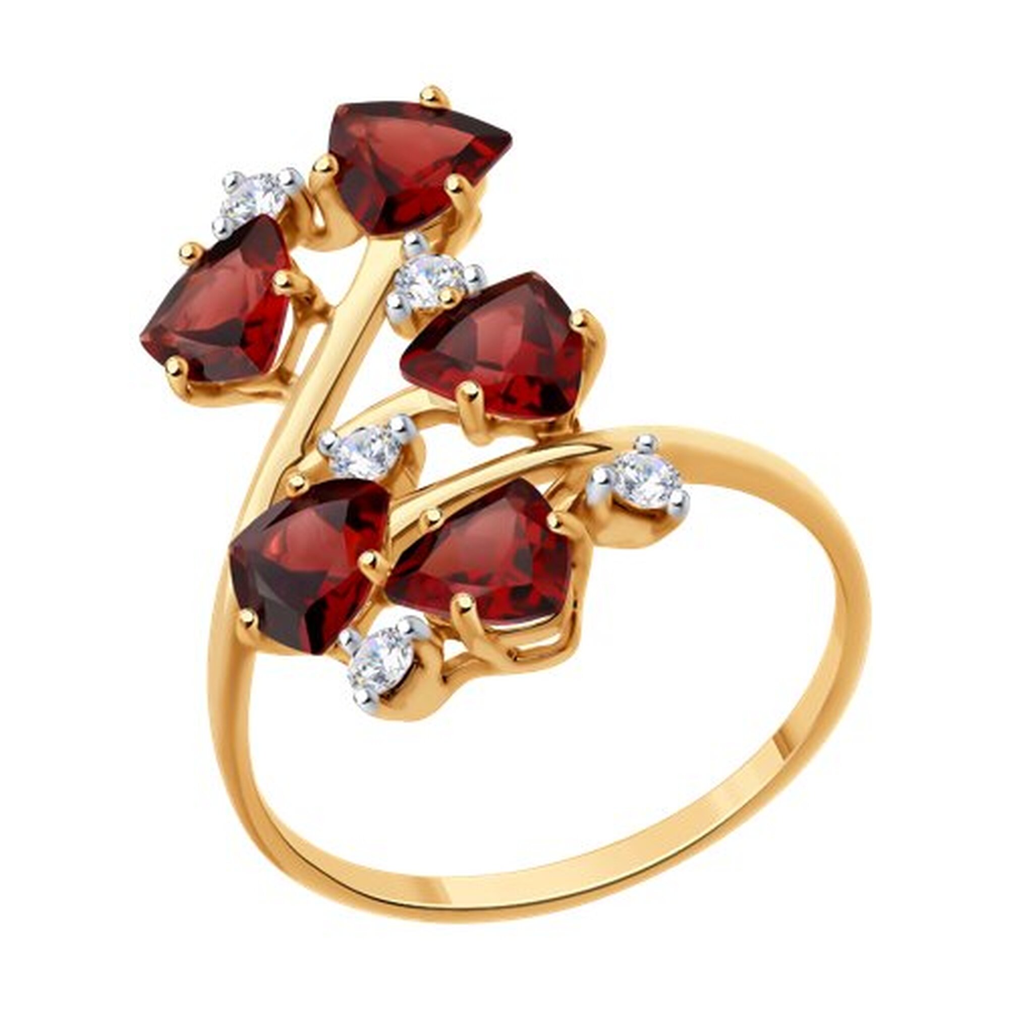 Кольцо, серебро, 925 проба, золочение, фианит, гранат