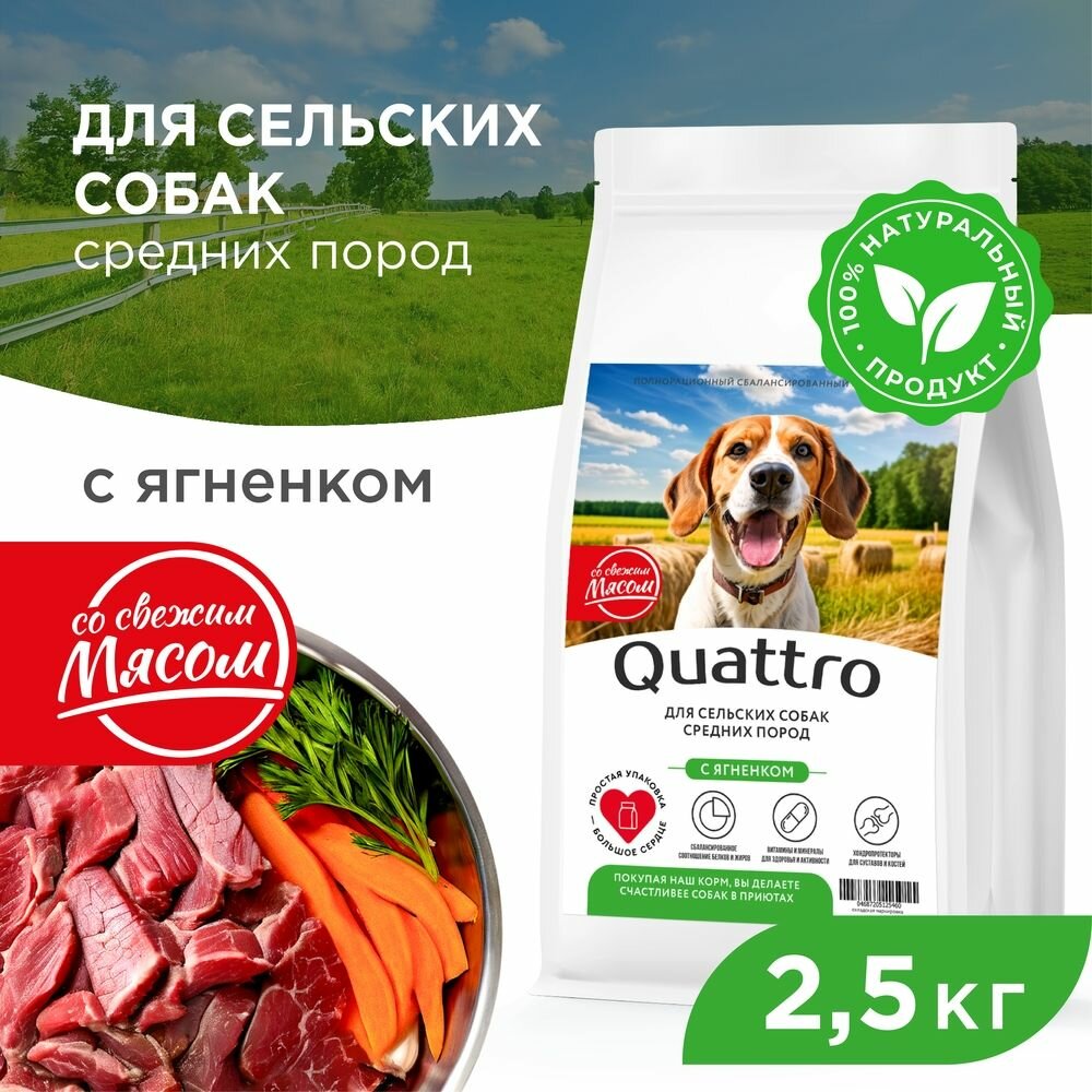 Quattro корм для собак средних пород, для живущих в сельской местности, с ягненком 2,5 кг