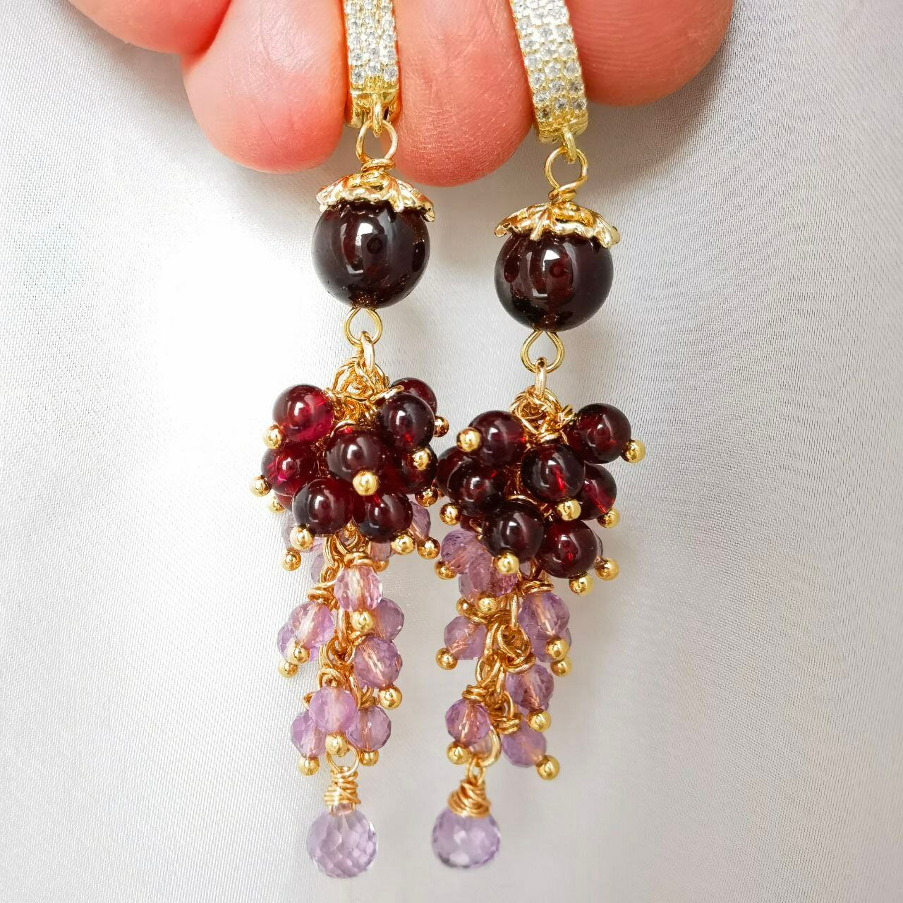 Серьги Камни Елены, гранат, аметист
