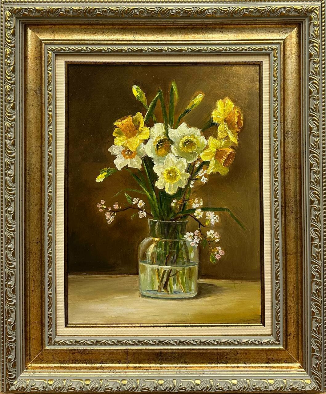 Картина маслом на холсте, цветы нарциссы в вазе "Весенний букет" 1