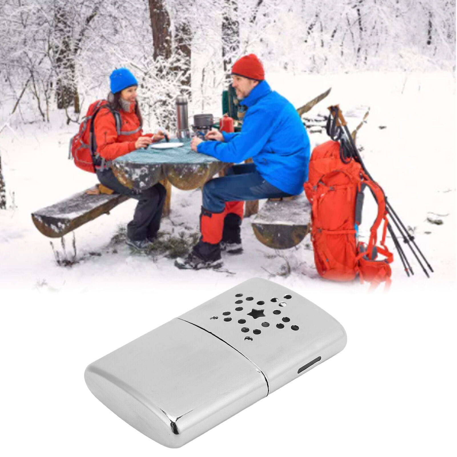 Переносной мини-топочек для рук в кармане Catalyst Hand Warmer из цинкового сплава с электрохимическим покрытием и полировкой, размер 90x57x20mm, 21 дымоотводных отверстий спереди и сзади, 5 отверстий сверху звездной формы, для использования на открытом