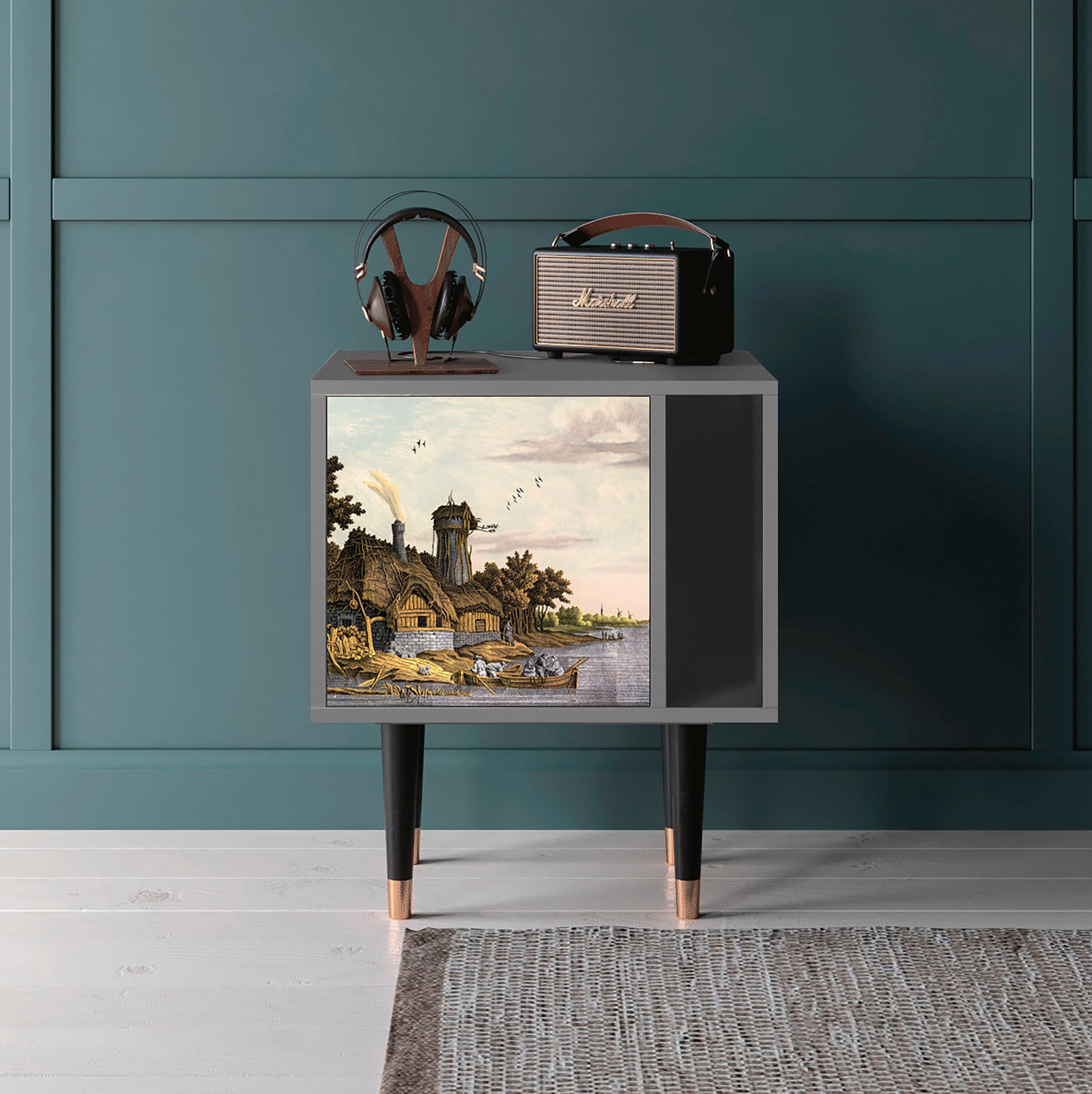 Прикроватная тумба - STORYZ - S2 Mill along a River by Jonas Zeuner, Размер - 58 x 69 x 48 см, Цвет - Серый