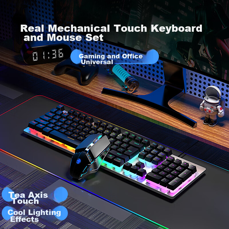 EWEADN GX300 Mechanical Feel Keyboard And Mouse Set for Gaming, E-Sports, Wired Desktop And Laptop, Office, Film Keyboard And Mouse, PUBG Accessories, Metal Black with Mixed Light
