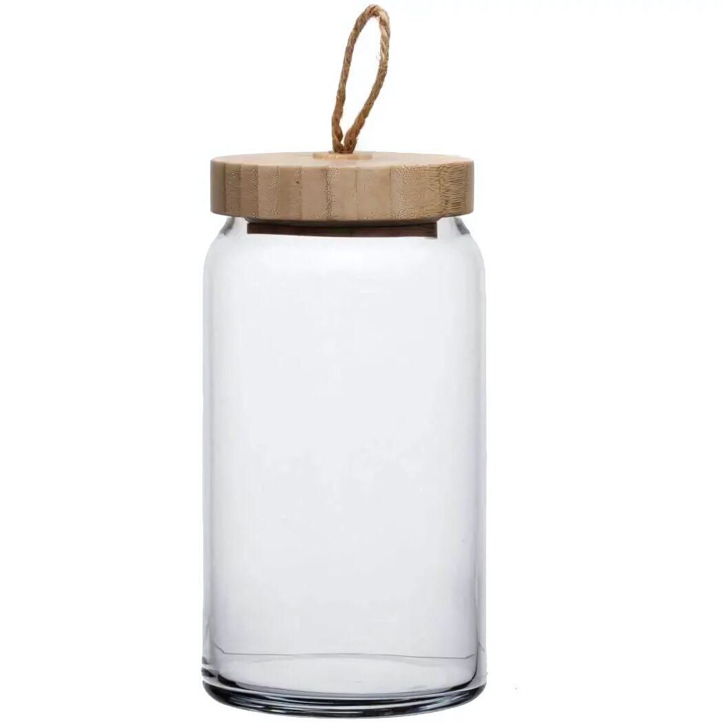 Стеклянная банка для продуктов 1130мл «Вуди», с деревянной крышкой, прозрачная