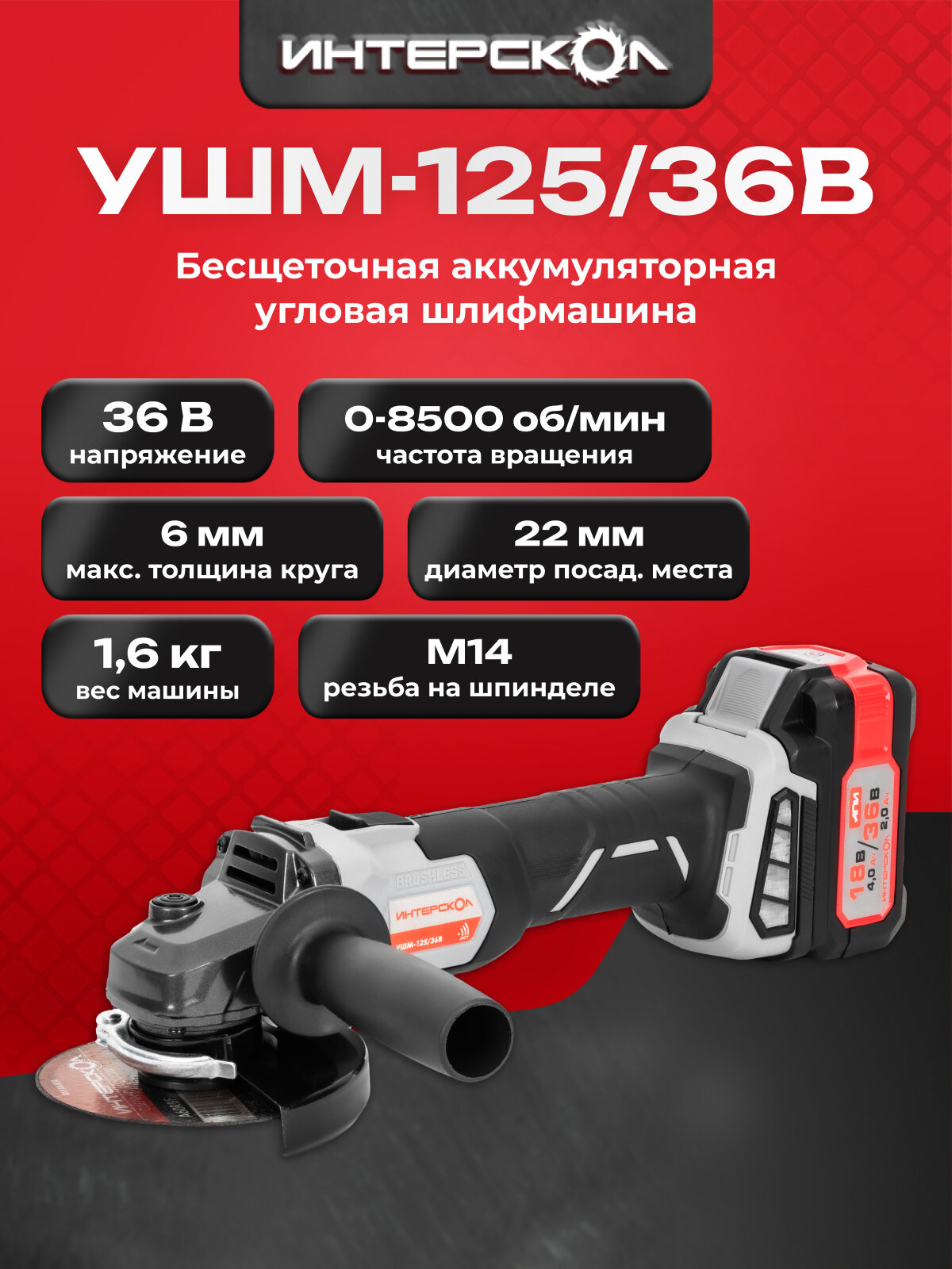 Бесщеточная аккумуляторная угловая шлифмашина 125 мм, АПИ 36В, 2 АКБ 2,0 Ач, ЗУ, кейс 816.2.2.70