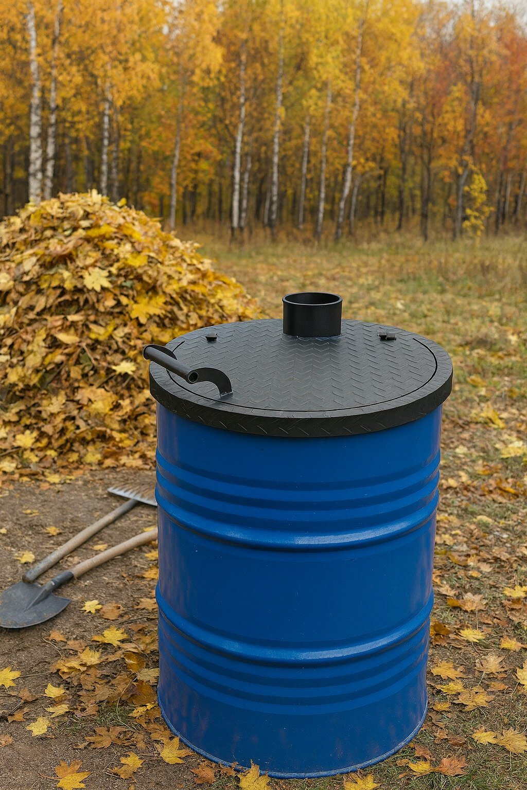 Крышка на бочку для сжигания мусора диаметр 61 см, ручка смещена в бок, сталь 3 мм