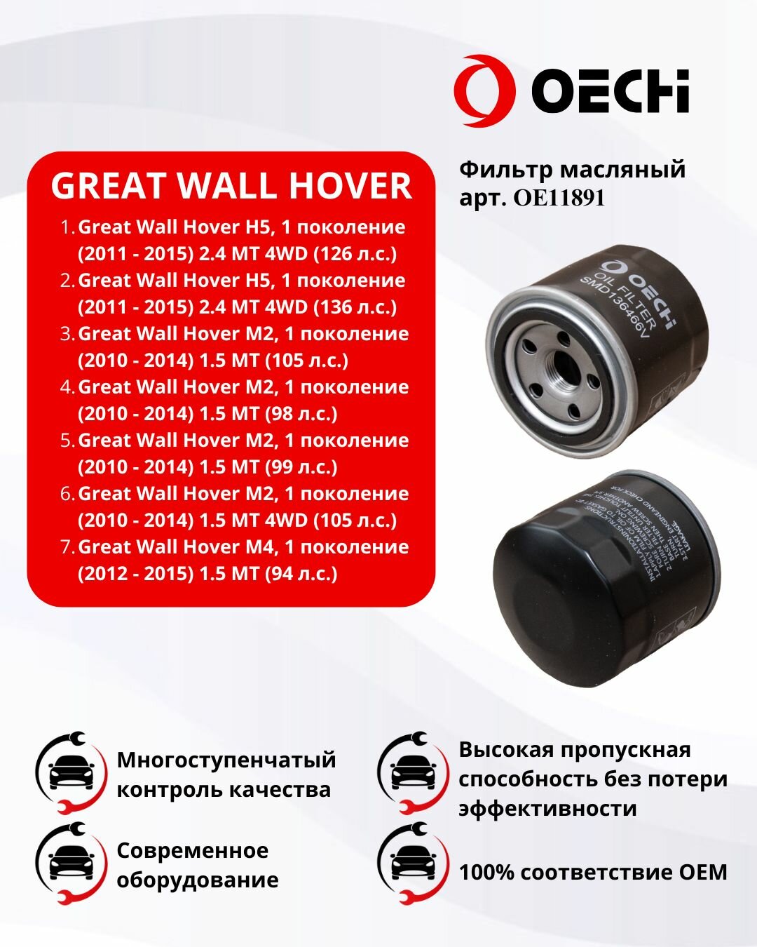 Фильтр масляный GREAT WALL HOVER H5 / GREAT WALL HOVER M2 / GREAT WALL HOVER M4 арт. OE11891