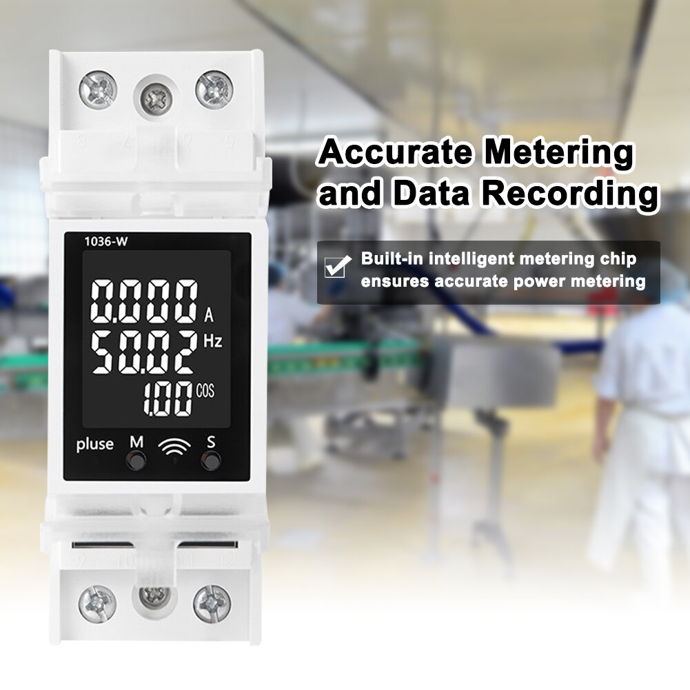 Версия WiFi, монтируемый на DIN-рейку измерительный автомат 85-265 В 63 А, вольтметр, цифровой измеритель тока и напряжения, многофункциональный детектор напряжения, тока, мощности, электричества, частоты, ЖК-дисплей с функцией памяти сбоев питания