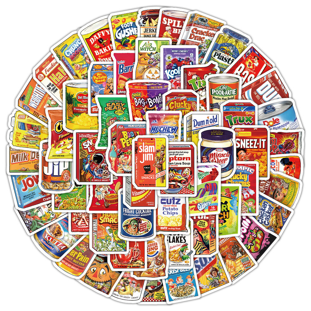 100 шт. наклеек на упаковку американских продуктов питания, забавные ретро-наклейки на еду, водонепроницаемые виниловые наклейки для альбомов, журналов, автомобилей, чехлов для телефонов, скейтбордов и многого другого