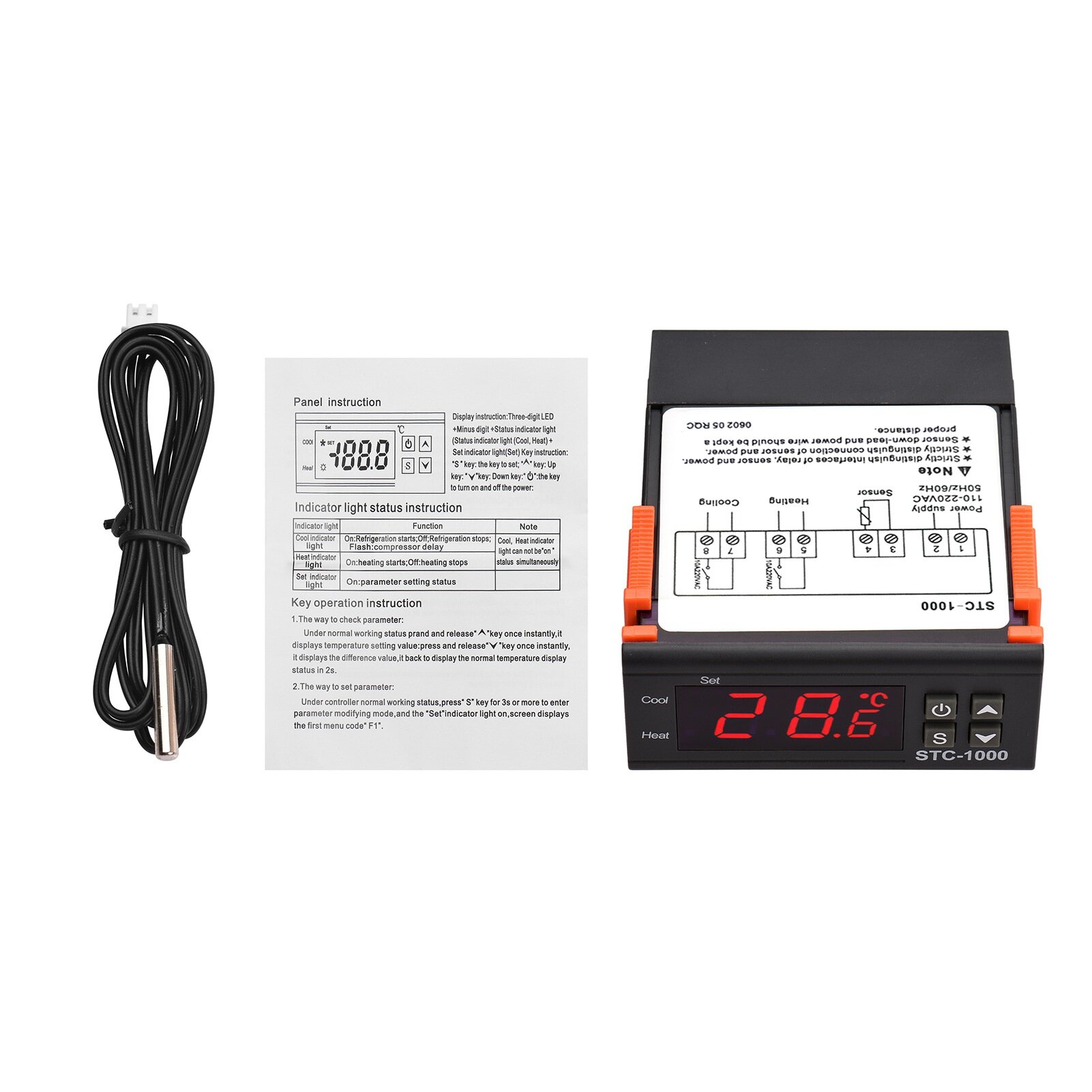 Цифровой регулятор температуры STC-1000, интеллектуальный регулятор переменного тока 110~220 В, термостат для холодильника, поддерживает обогрев/охлаждение/коррекцию температуры/отложенный запуск/сигнализацию о высоком или низком уровне температуры.
