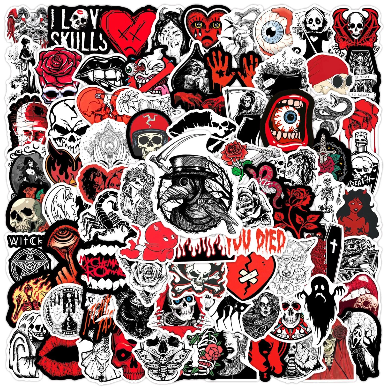 10/50/100 шт. крутые темно-красные готические наклейки с черепом в стиле панк, скейтборд, автомобиль, велосипед, ноутбук, гитара, дорожный багаж, сделай сам, готические наклейки, наклейки