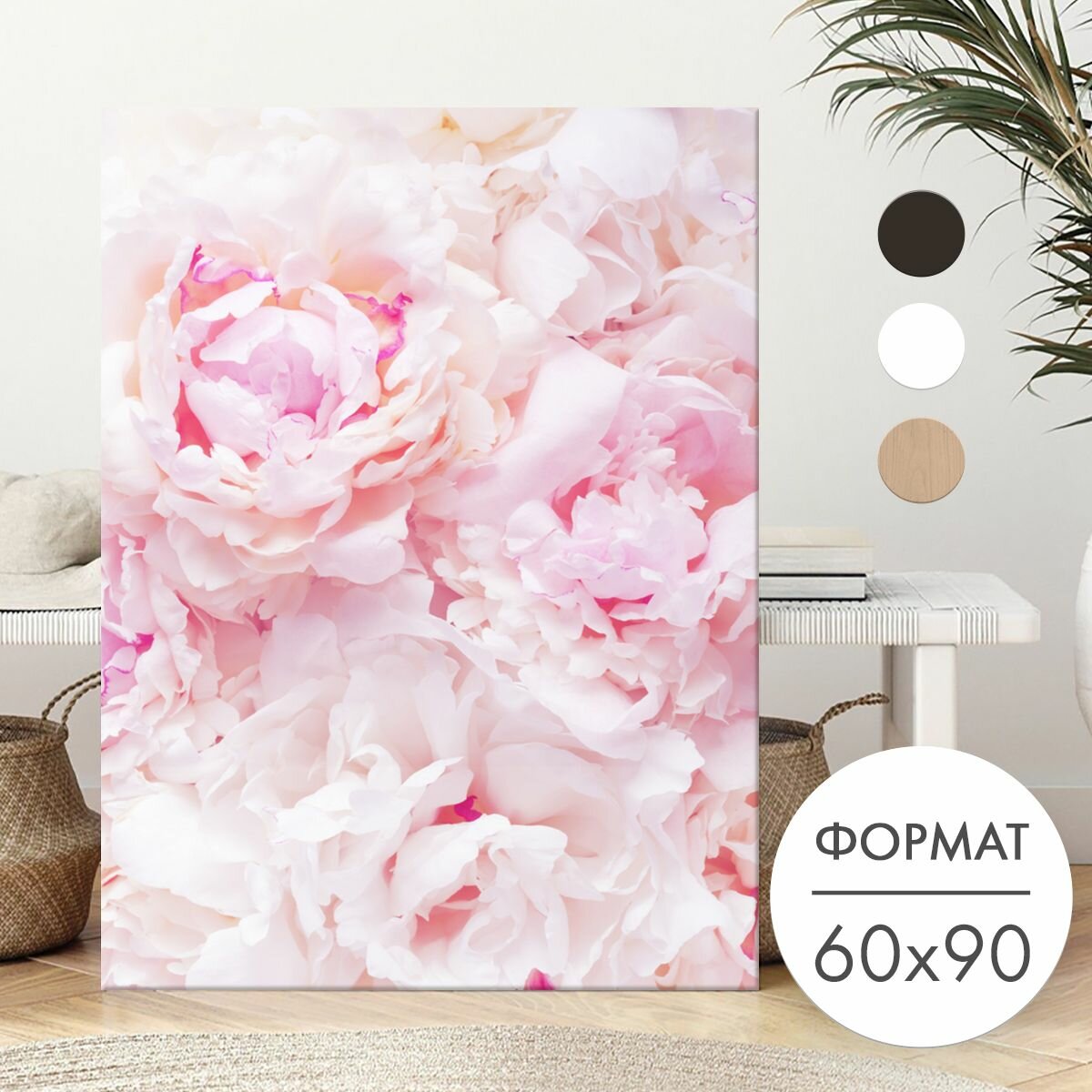 Постер 60х90 без рамки "Пионы розовые" для интерьера