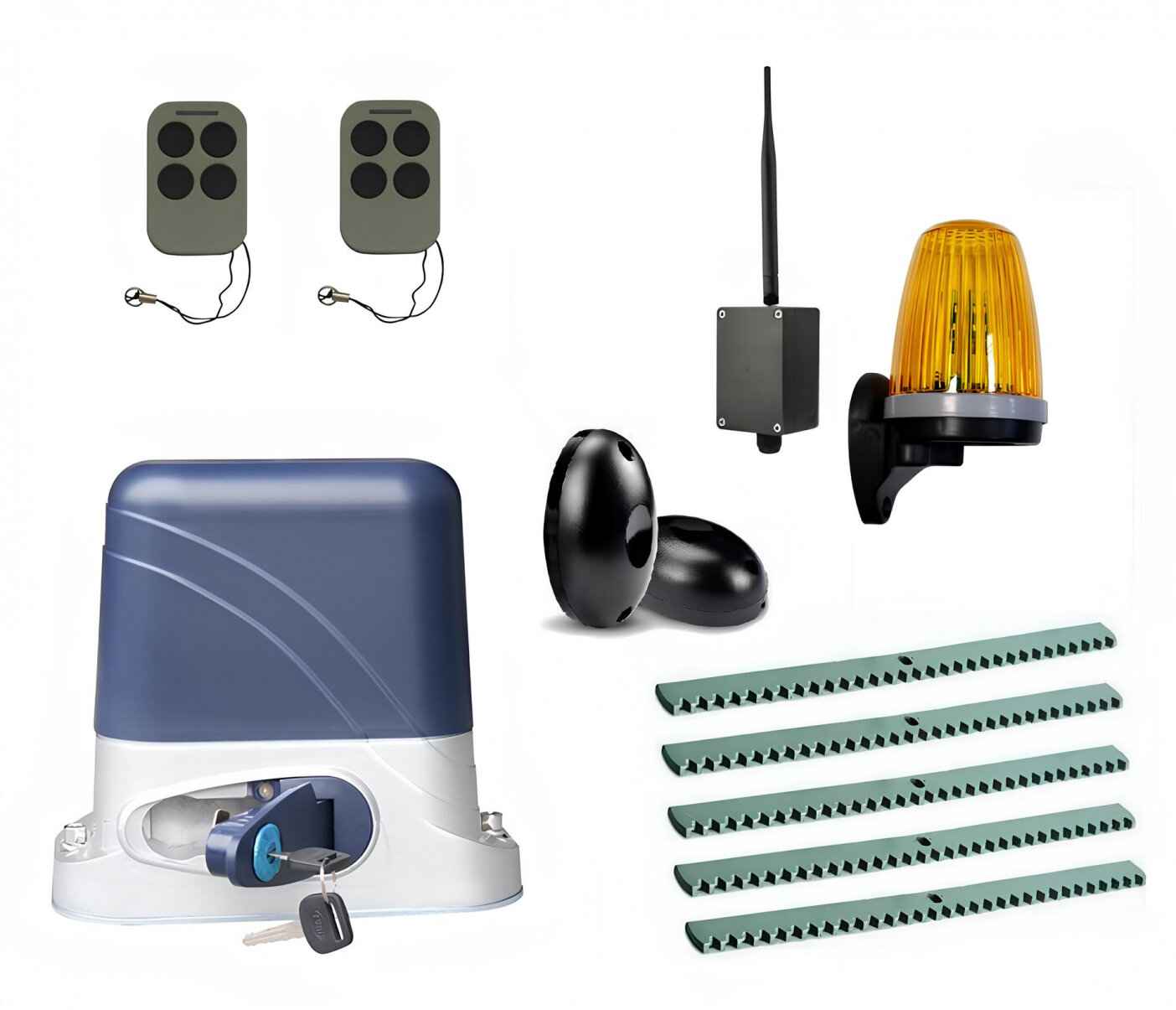 Автоматика для откатных ворот KSL-1300 FULL-3K5-BT, комплект: привод, 2 пульта, Bluetooth-модуль, фотоэлементы, лампа, 5 реек