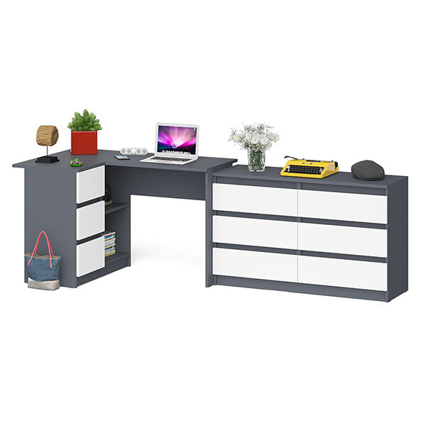 Стол компьютерный Мори МС-16 левый + Комод МК1200.6, цвет графит/белый