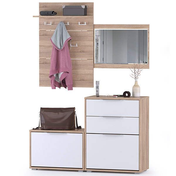Куба Прихожая 4, обувница 13.58 + Вешалка 10.122 + обувница 13.113 + Зеркало, цвет дуб сонома/белый премиум