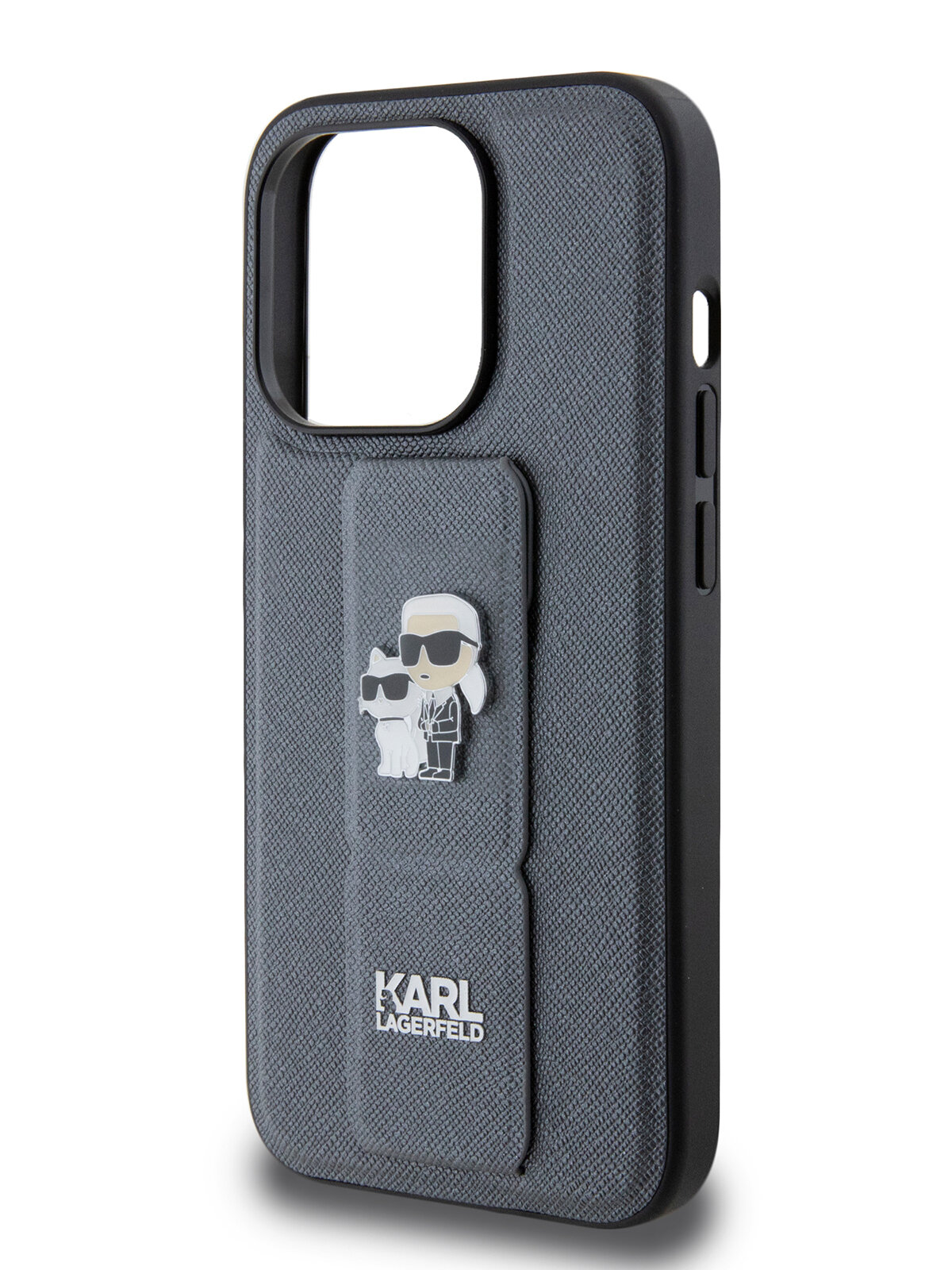 Lagerfeld для iPhone 15 Pro чехол GripStand PU Saffiano NFT Karl & Choupette metal Hard Silver