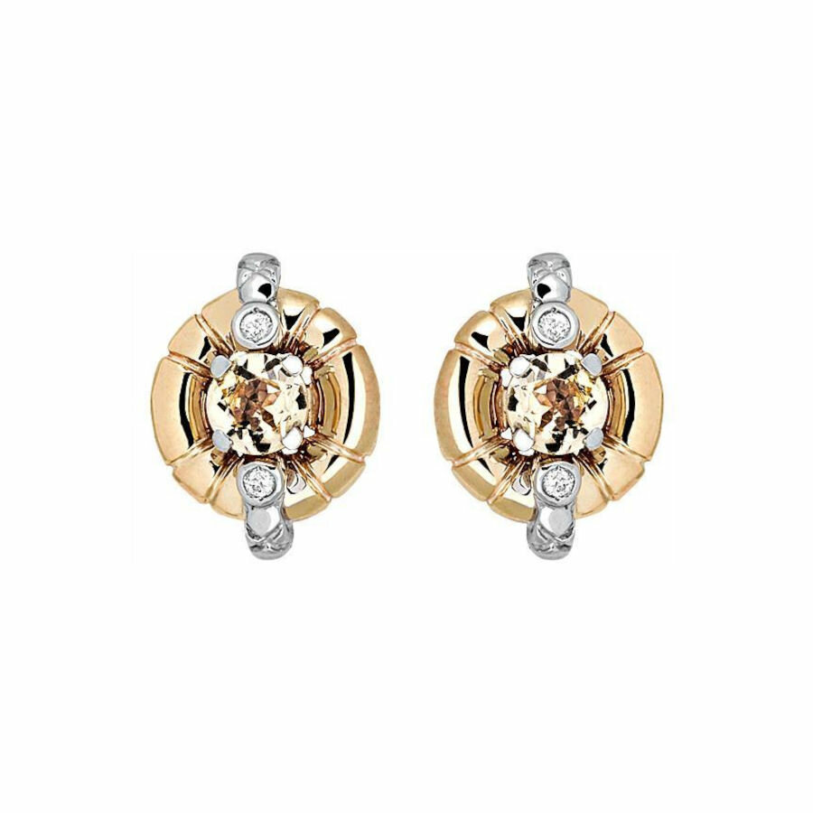 Серьги, комбинированное золото, 585 проба, бриллиант, гелиодор