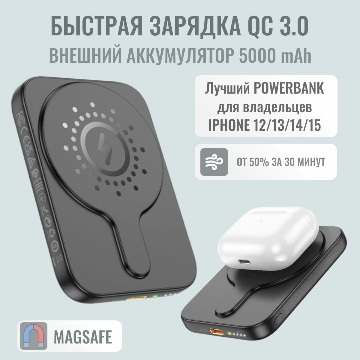 Магнитный аккумулятор с беспроводной зарядкой HOCO J117 Mini Size, 5000 mAh, Qi 15W/PD 20W, Черный