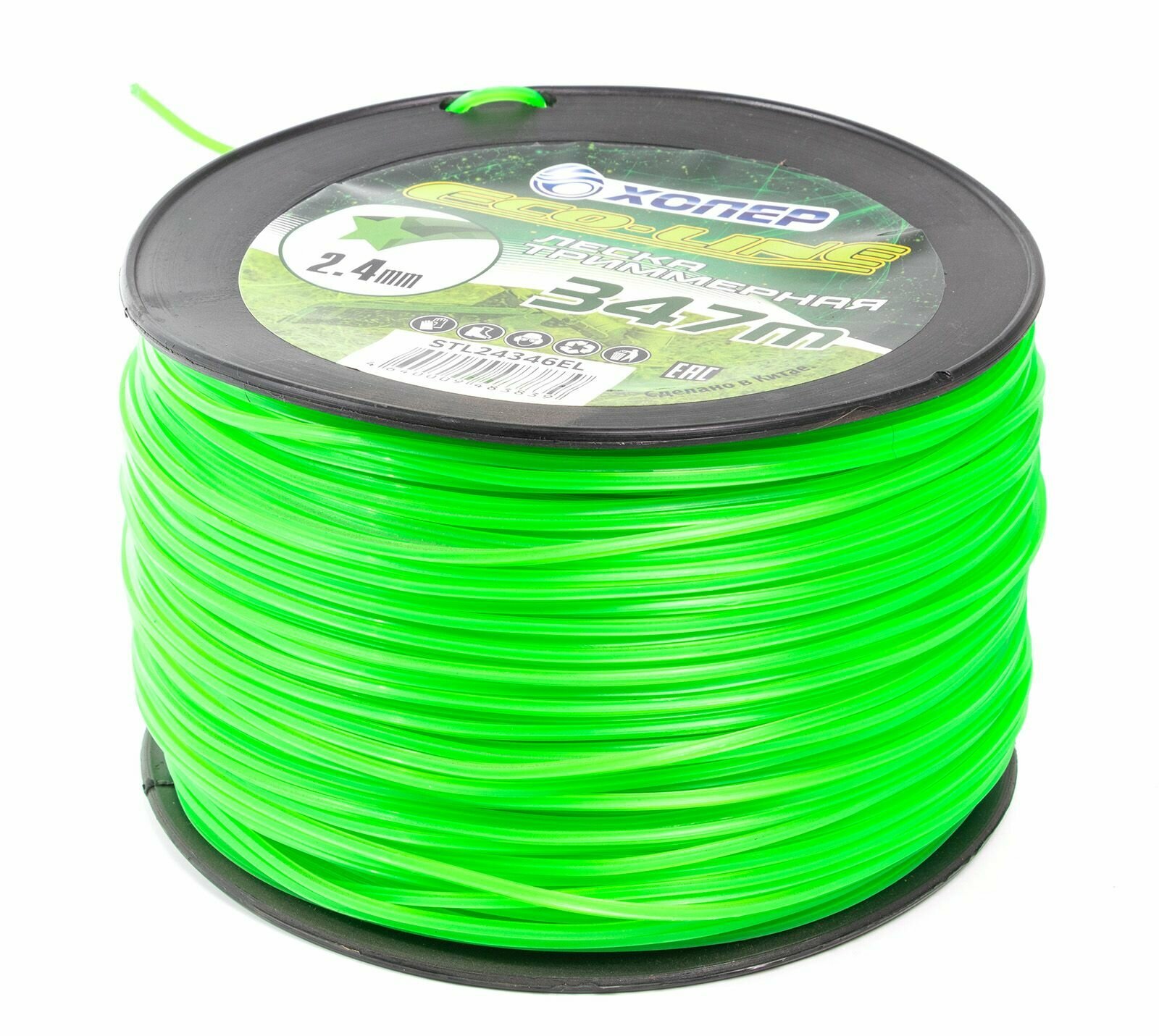 Леска для триммера сечение звезда 2.4мм 347 м (бобина) зеленая Хопер ECO-LINE