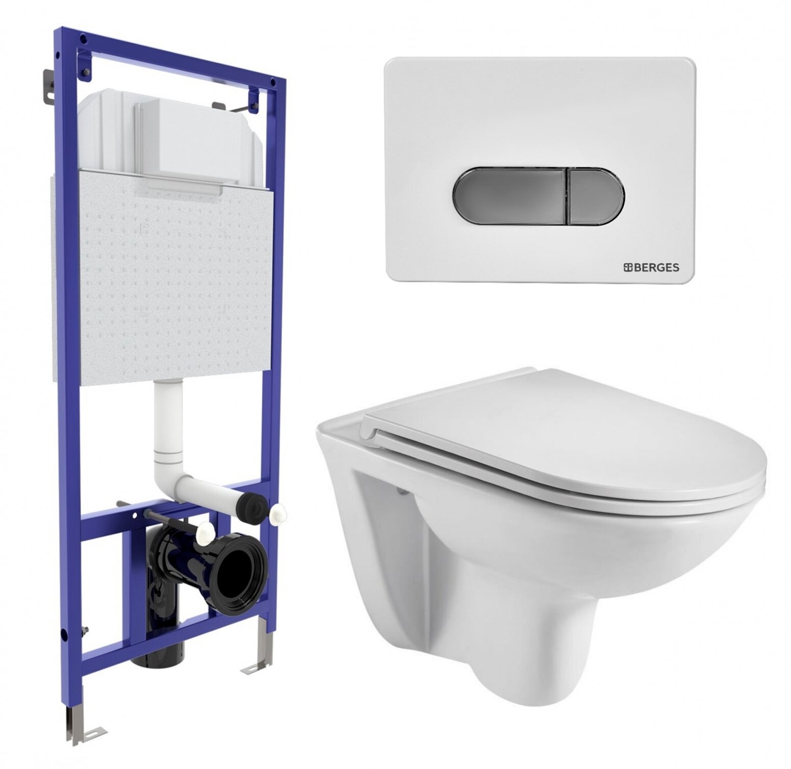 Комплект 3 в 1 инсталляция Berges Wasserhaus Novum D7 + Подвесной унитаз WeltWasser Baarbach 004 GL-WT + кнопка хром
