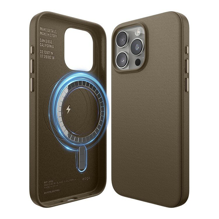 Elago кожаный чехол для iPhone 15 Pro Max, PU Leather Taupe (MagSafe)