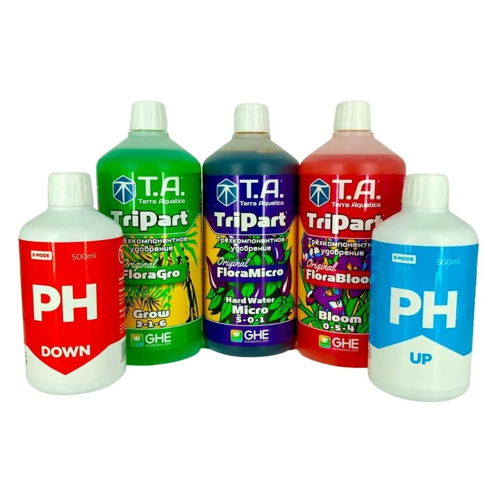 Комплект удобрений Terra Aquatica TriPart (Grow+Bloom+Micro HW - для жёсткой воды) 3шт. х 1 л + Регуляторы кислотности E-mode (PhUp+PhDown) 2шт. х 0.5 л