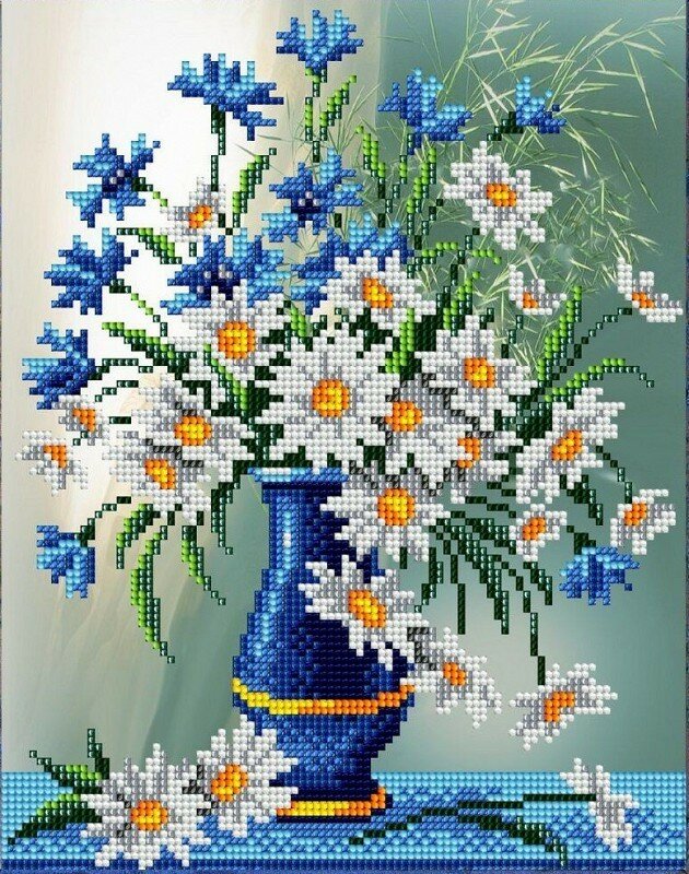 Набор для вышивания Вышиваем бисером #В-125 Ромашки и васильки, Вышивка бисером, 19 х 26 см