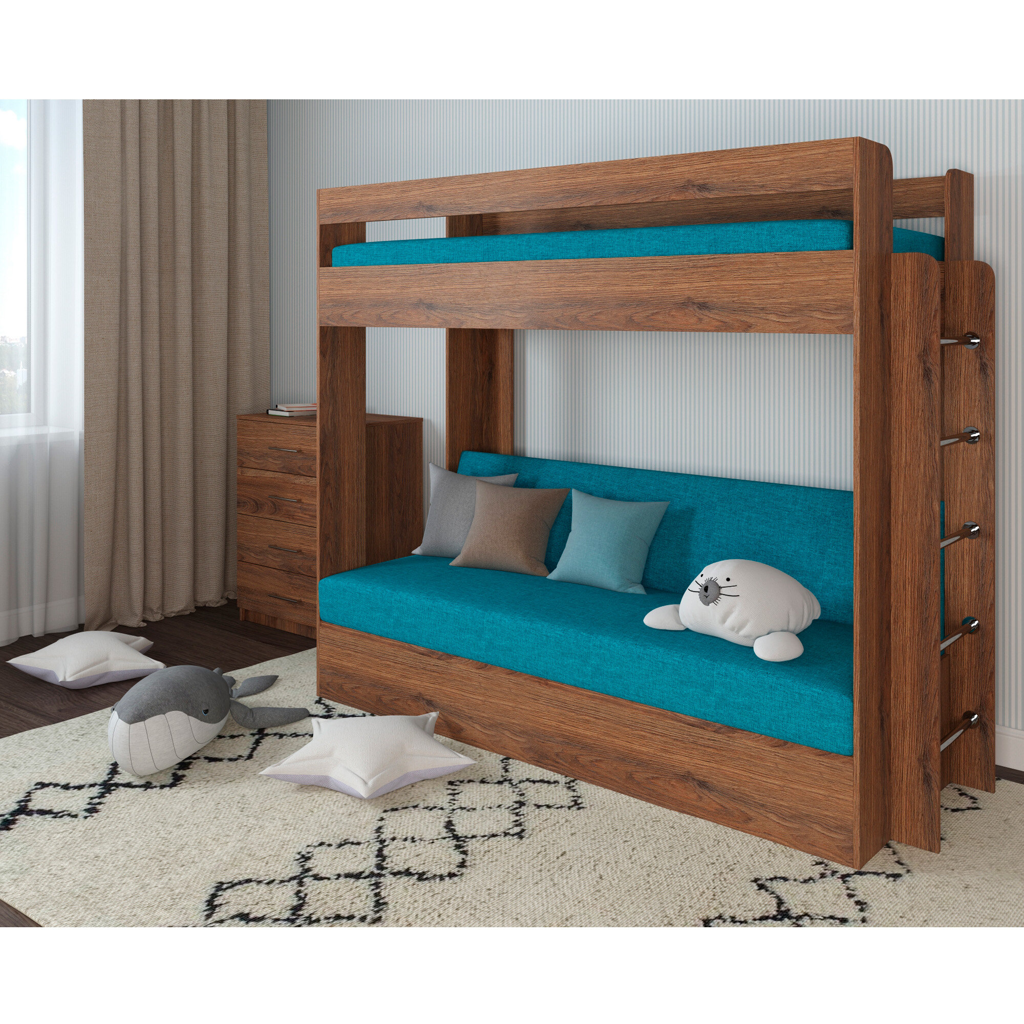 Кровать двухъярусная с диваном Есэндвич new Лаворо (Дуб Аризона/Дуб Аризона/Savana Plus Lagoon)