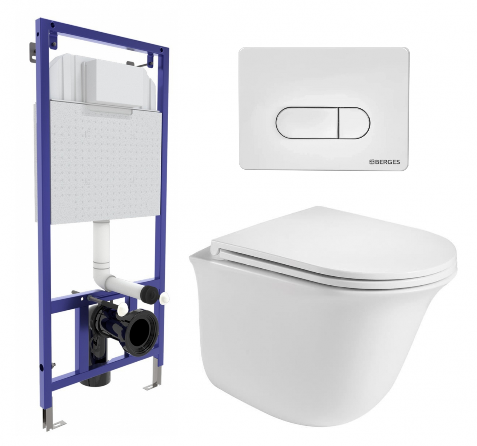 Комплект 3 в 1 инсталляция Berges Wasserhaus Novum 040231 + Подвесной унитаз WeltWasser Telbach 004 GL-WT + кнопка белая