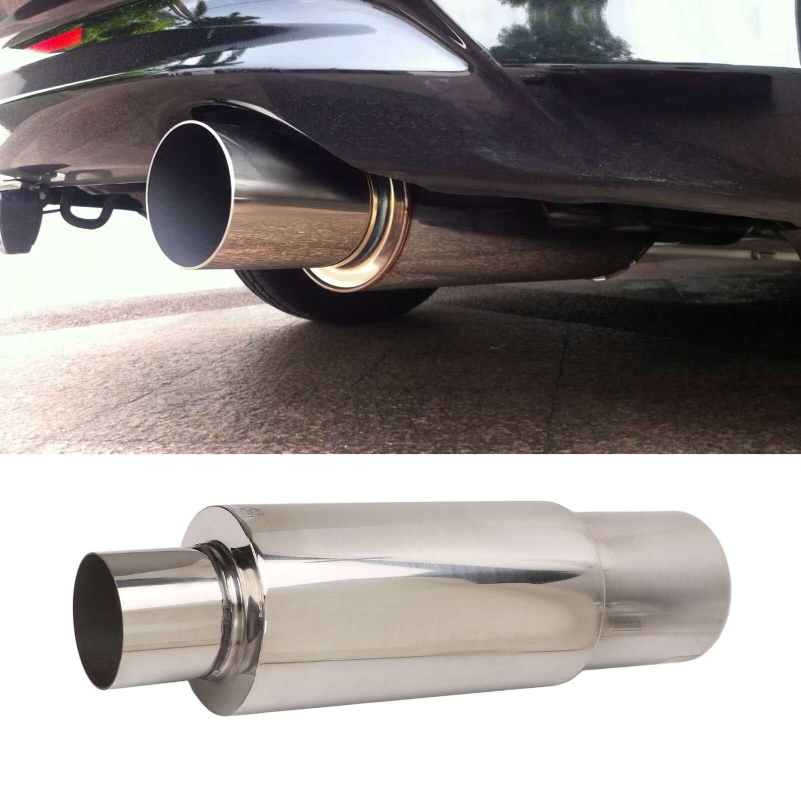 Выхлопной глушитель резонатор из нержавеющей стали 2.5in вход 3.5in выход хвостовой труба универсальный для автомобиля, цвет серебристый, размер входа 63x60mm/2.5x2.4in, размер выхода 90x75mm/3.5x3.0in, размер круглого хвостового барабана