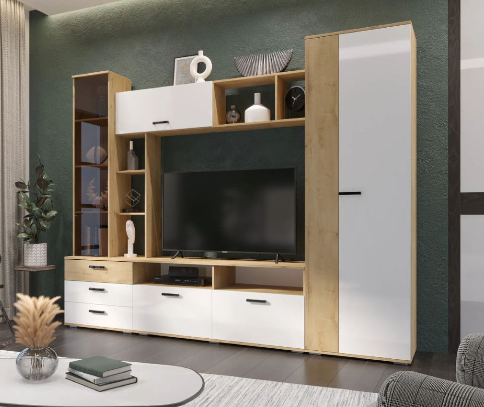 Гостиная, стенка для гостиной Крокус "Эра" Дуб Вотан/Белый гладкий 270*47*210 см