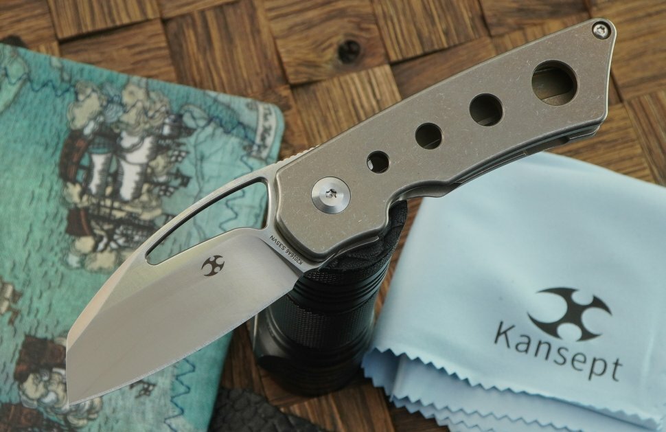 Складной нож Kansept Knives Goblin, сталь CPM S35VN, сатин, рукоять серый титан/отверстия
