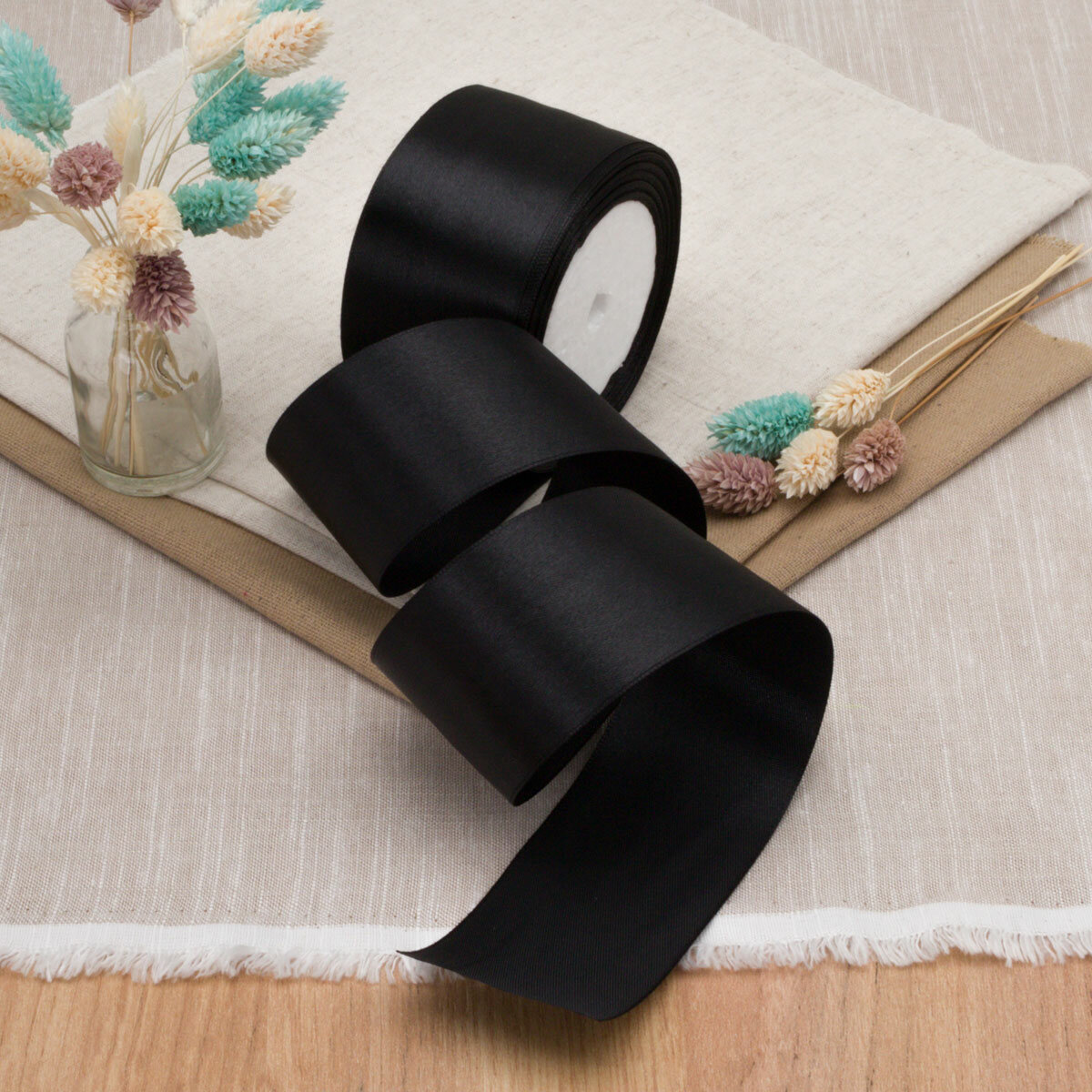 Лента атласная широкая 5 см*22,86 м, для упаковки подарков, рукоделия и шитья, Айрис (черная)