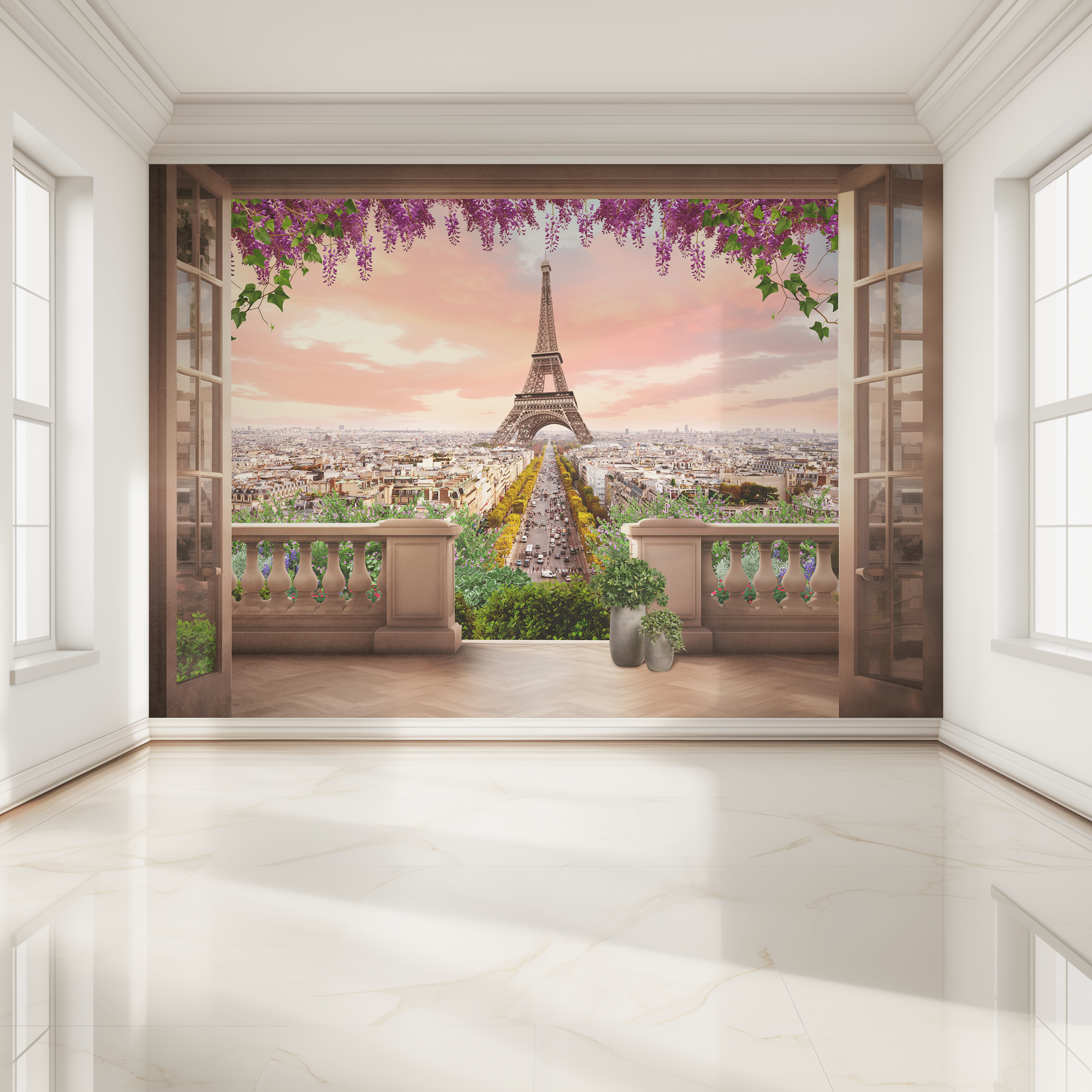 Фотообои 3д на стену "Окно в Париж", флизелиновые 400х270 см на кухню, спальню, зал