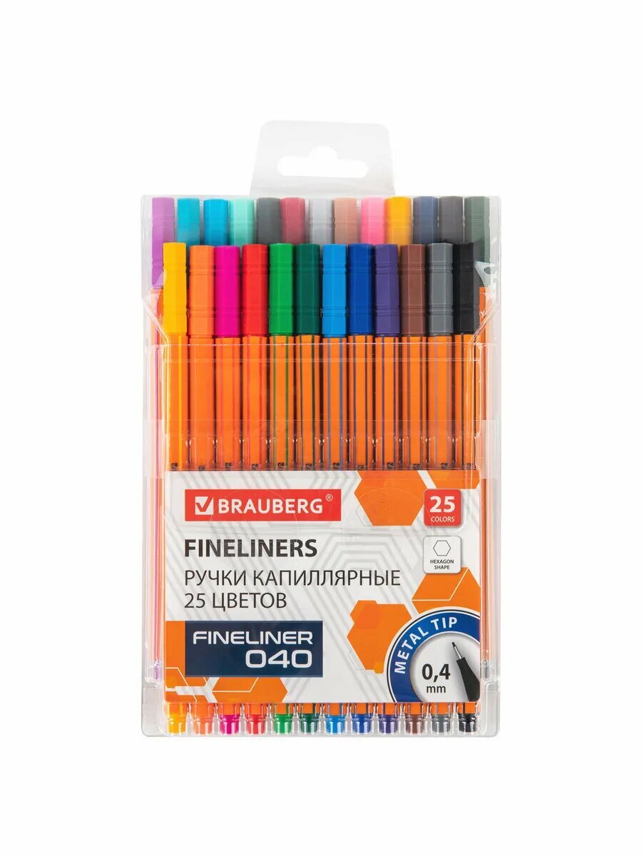 Ручки капиллярные линеры 25 цветов, шестигранные, 0,4 мм